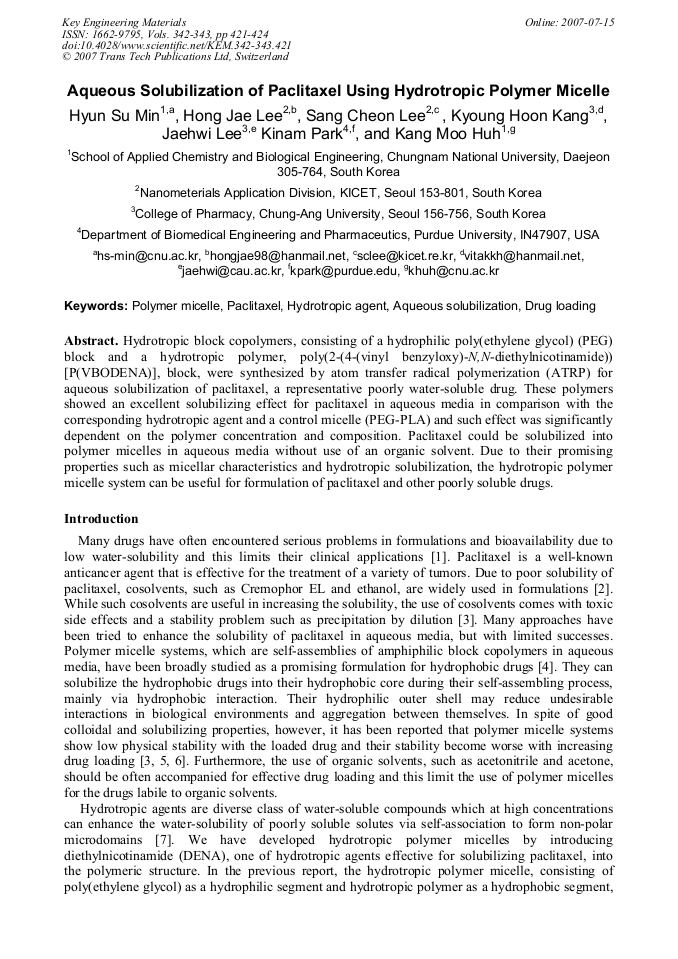 Aqueous Solubilization of Paclitaxel Using Hydrotropic Polymer Micelle ...