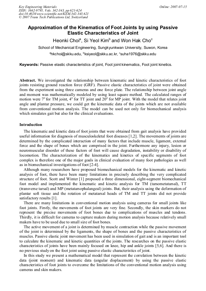 Approximation of the Kinematics of Foot Joints by Using Passive Elastic ...
