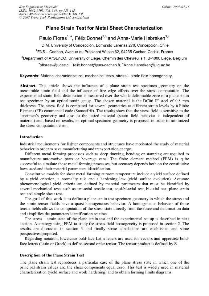 Plane Strain Test for Metal Sheet Characterization | Scientific.Net