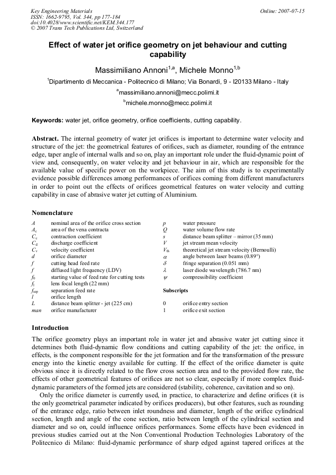 Effect of Water Jet Orifice Geometry on Jet Behaviour and Cutting ...