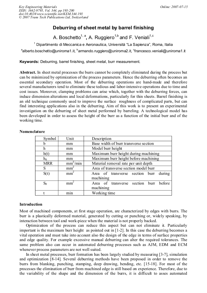 Deburring of Sheet Metal by Barrel Finishing | Scientific.Net