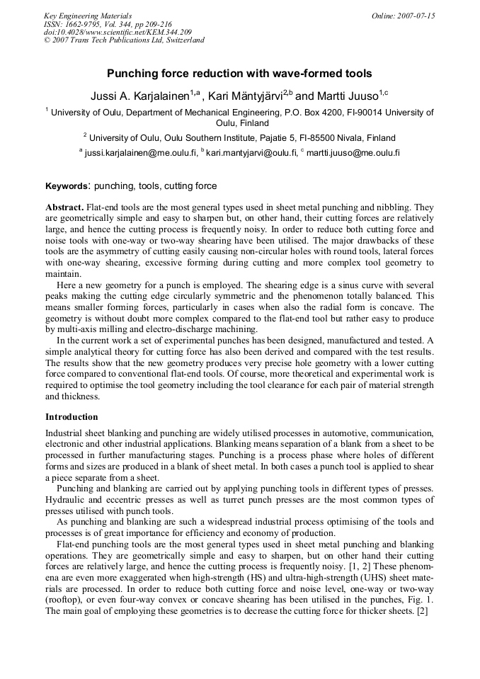 Punching Force Reduction with Wave-Formed Tools | Scientific.Net