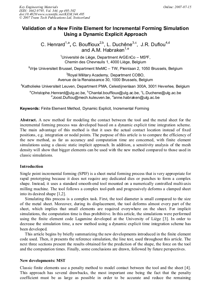 Validation of a New Finite Element for Incremental Forming Simulation Using a Dynamic Explicit ...