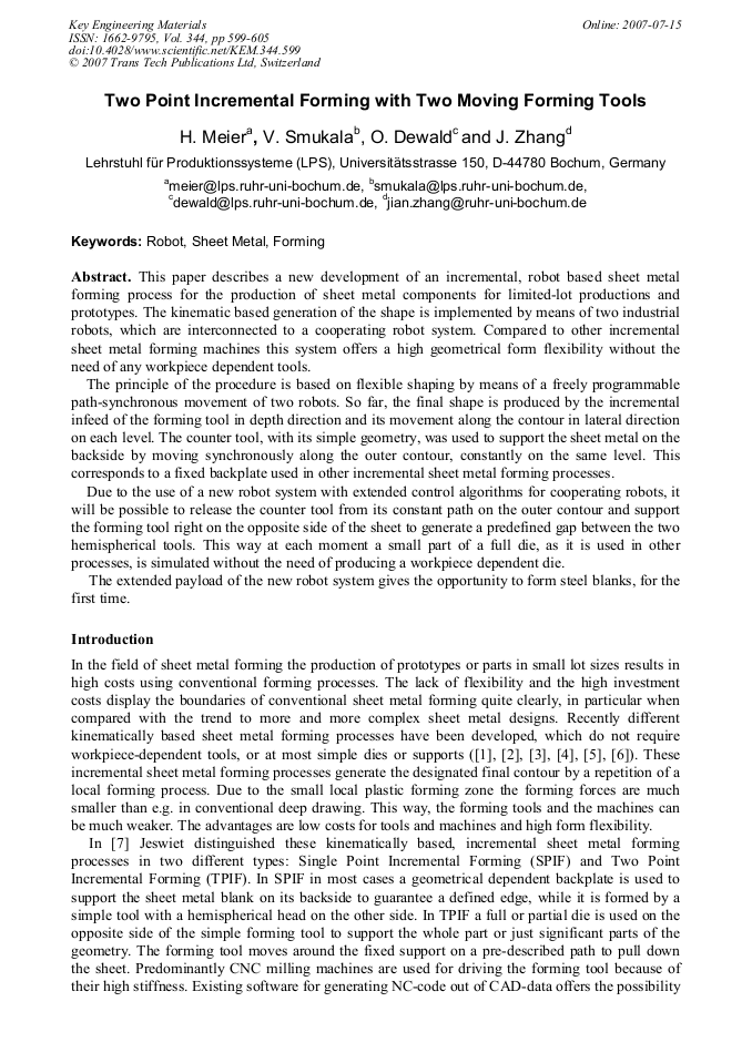 Two Point Incremental Forming with Two Moving Forming Tools ...