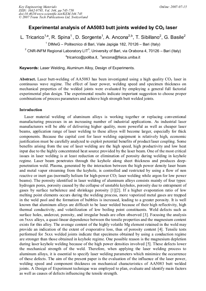 Experimental Analysis of AA5083 Butt Joints Welded by CO2 Laser | Scientific.Net