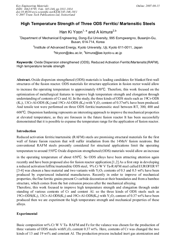 High Temperature Strength of Three ODS Ferritic/ Martensitic Steels ...