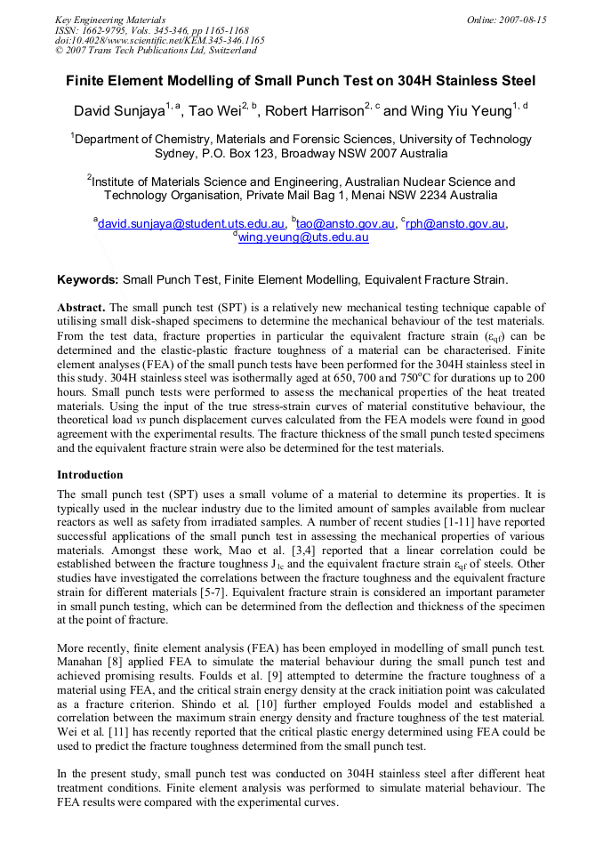 Finite Element Modelling of Small Punch Test on 304H Stainless Steel ...