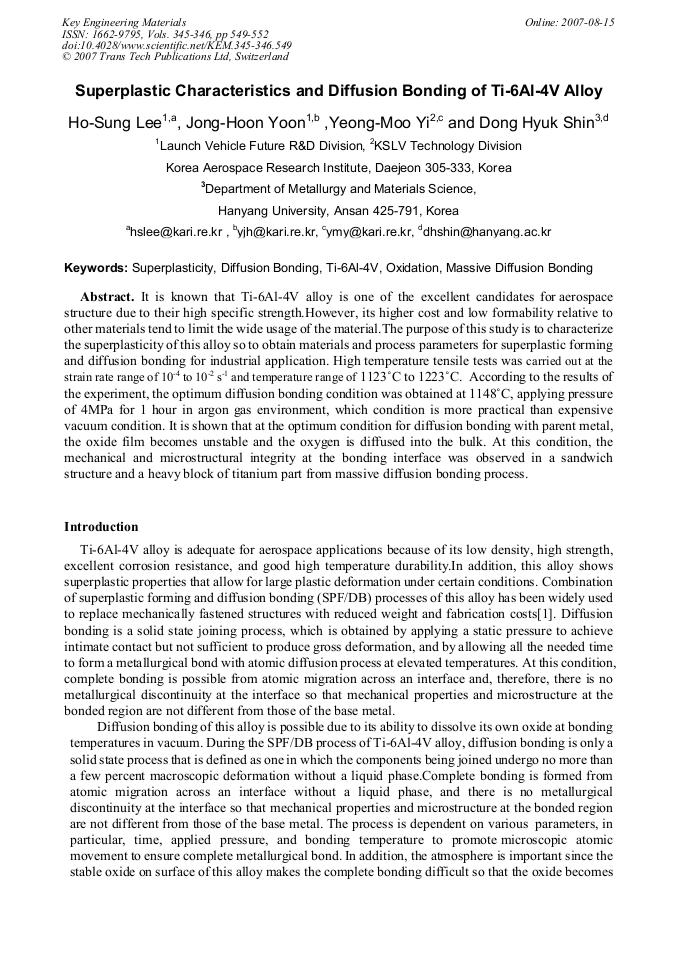 Superplastic Characteristics and Diffusion Bonding of Ti-6Al-4V Alloy | Scientific.Net