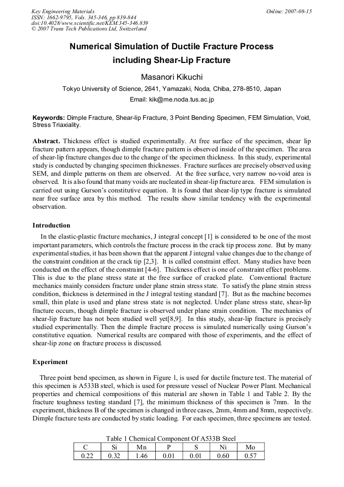Numerical Simulation of Ductile Fracture Process Including Shear-Lip Fracture | Scientific.Net