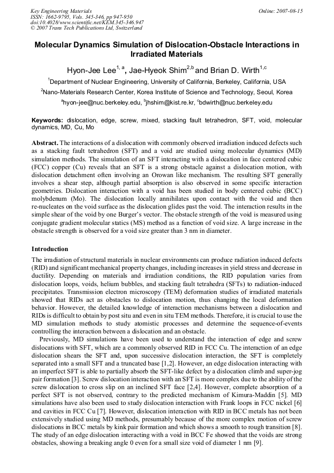 Molecular Dynamics Simulation of Dislocation-Obstacle Interactions in ...