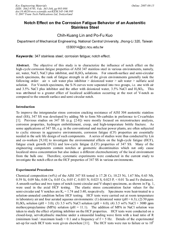 Notch Effect on the Corrosion Fatigue Behavior of an Austenitic ...