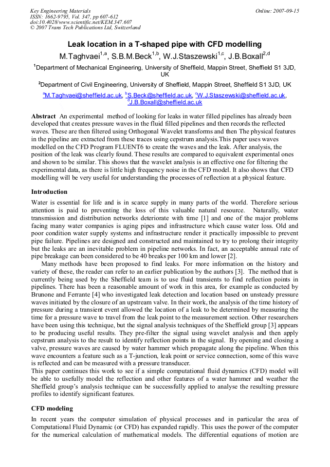 Leak Location in a T-Shaped Pipe with CFD Modelling | Scientific.Net
