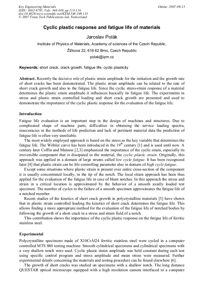 Cyclic Plastic Response and Fatigue Life of Materials | Scientific.Net