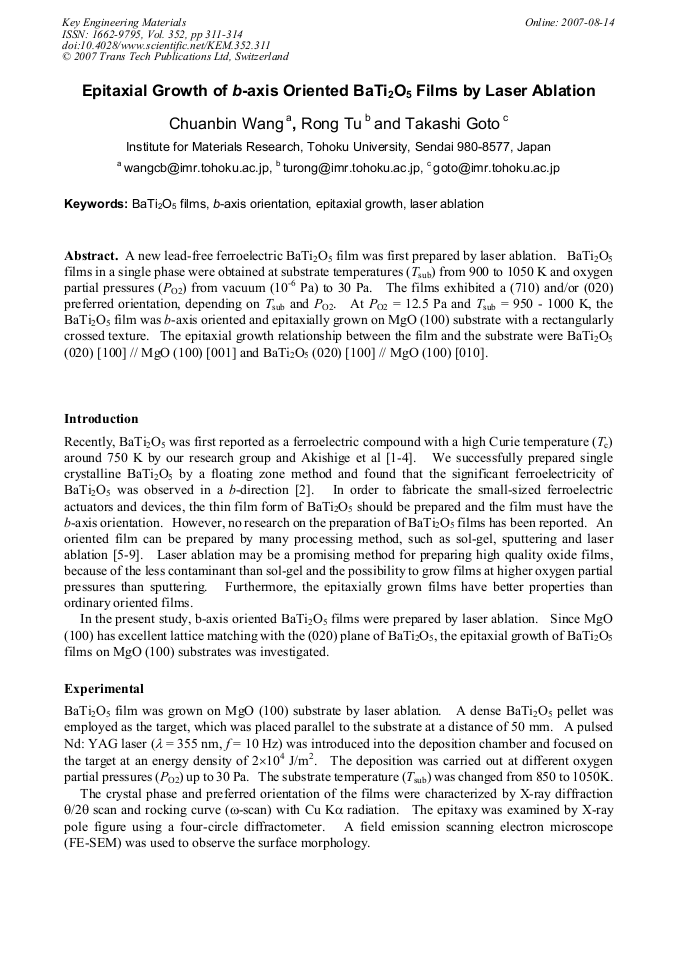 Epitaxial Growth of B-Axis Oriented BaTi2O5 Films by Laser Ablation ...