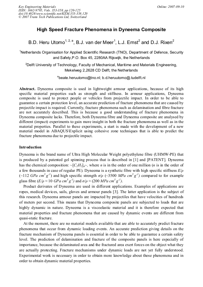 High Speed Fracture Phenomena in Dyneema Composite | Scientific.Net