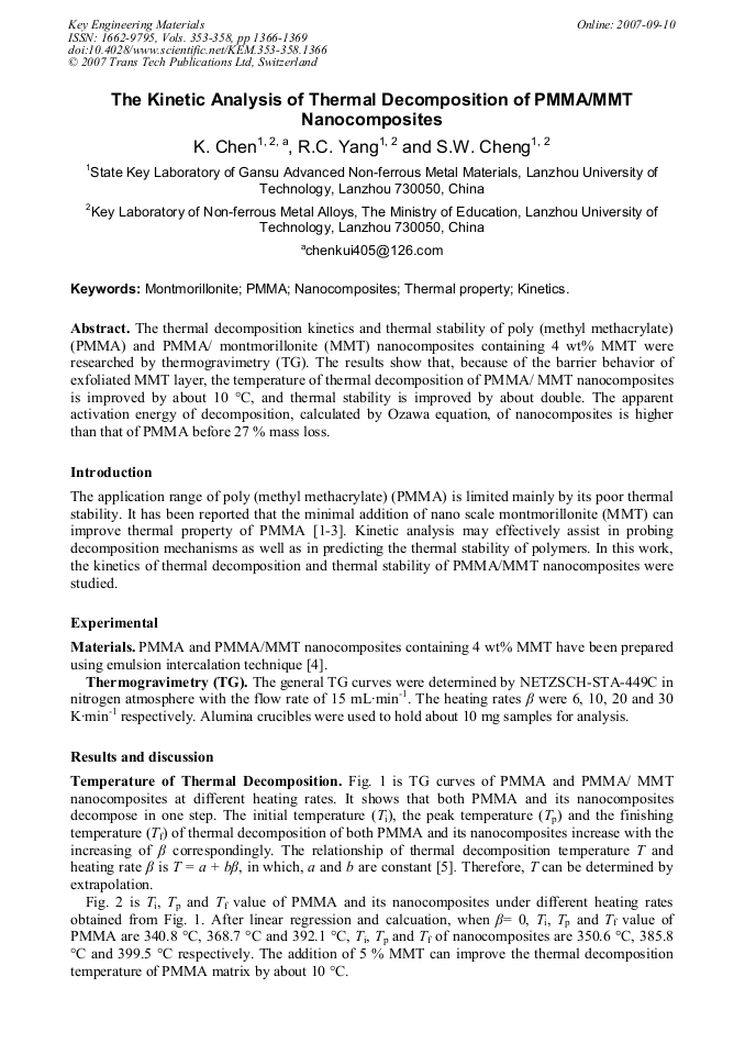 The Kinetic Analysis of Thermal Decomposition of PMMA/MMT ...
