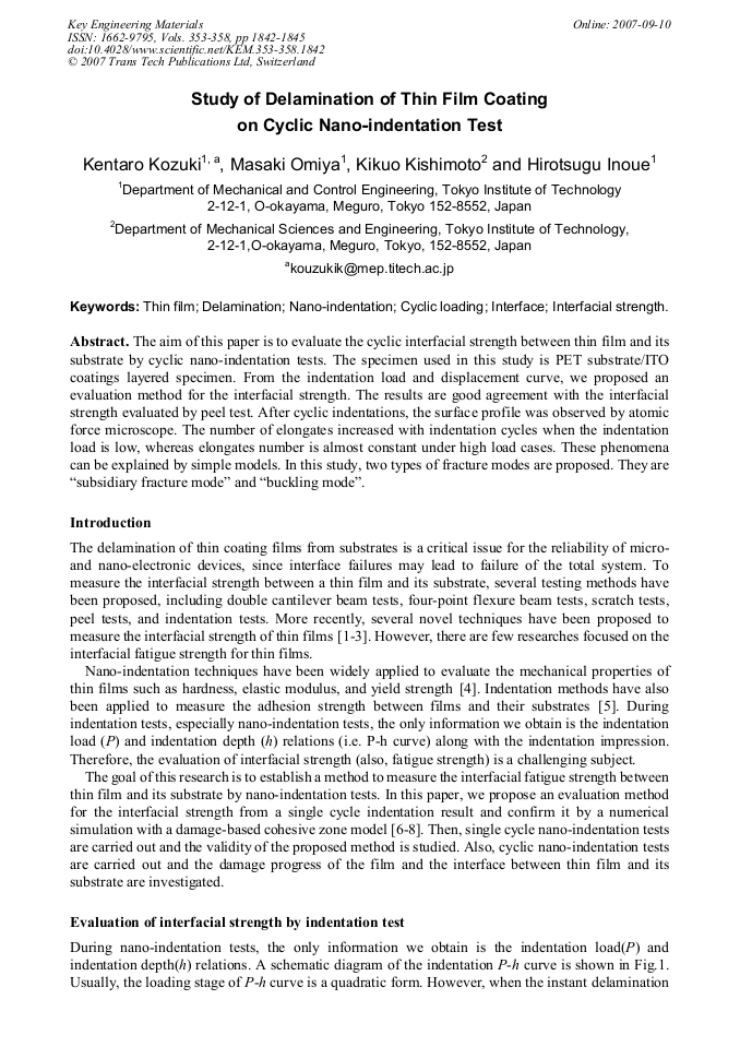 Study of Delamination of Thin Film Coating on Cyclic Nano-Indentation ...