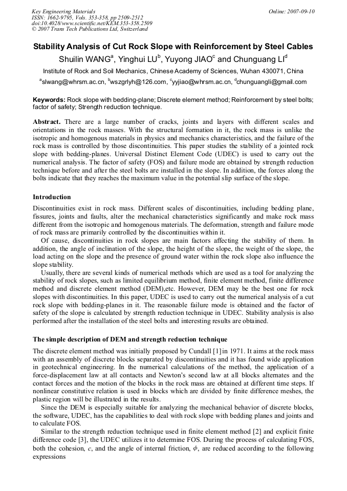 Stability Analysis of Cut Rock Slope with Reinforcement by Steel Cables ...