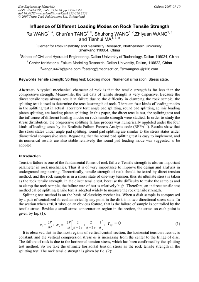 Influence of Different Loading Modes on Rock Tensile Strength ...