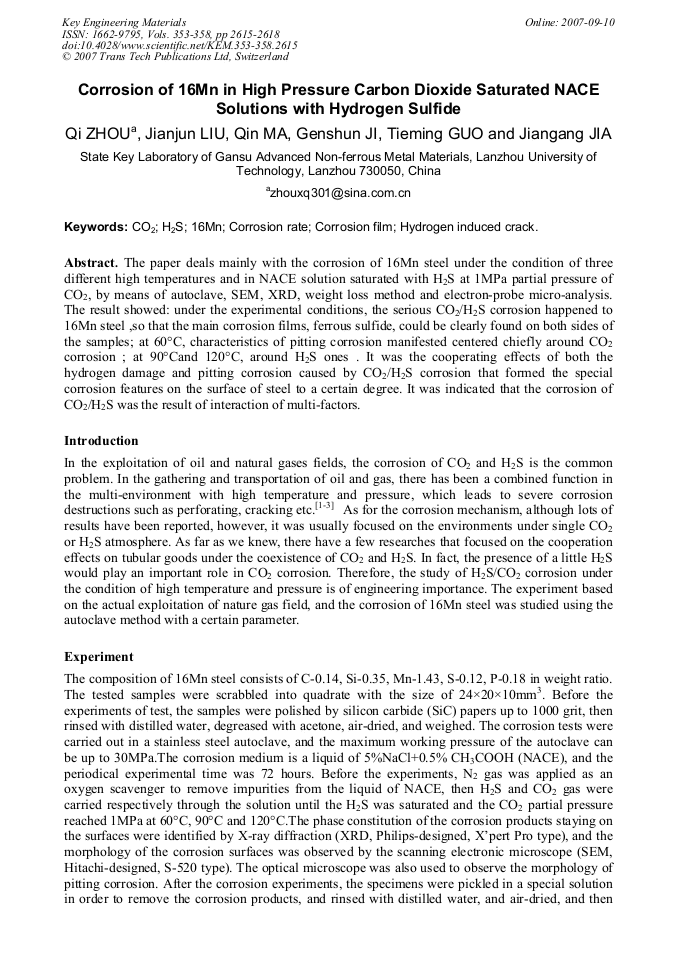 Corrosion of 16Mn in High Pressure Carbon Dioxide Saturated NACE ...