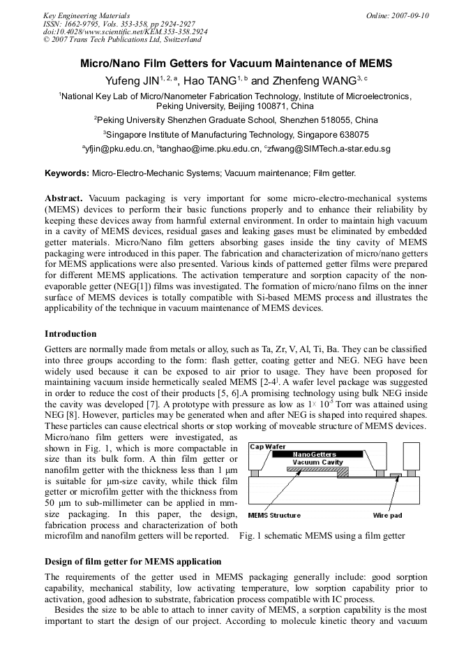 Micro/Nano Film Getters for Vacuum Maintenance of MEMS | Scientific.Net