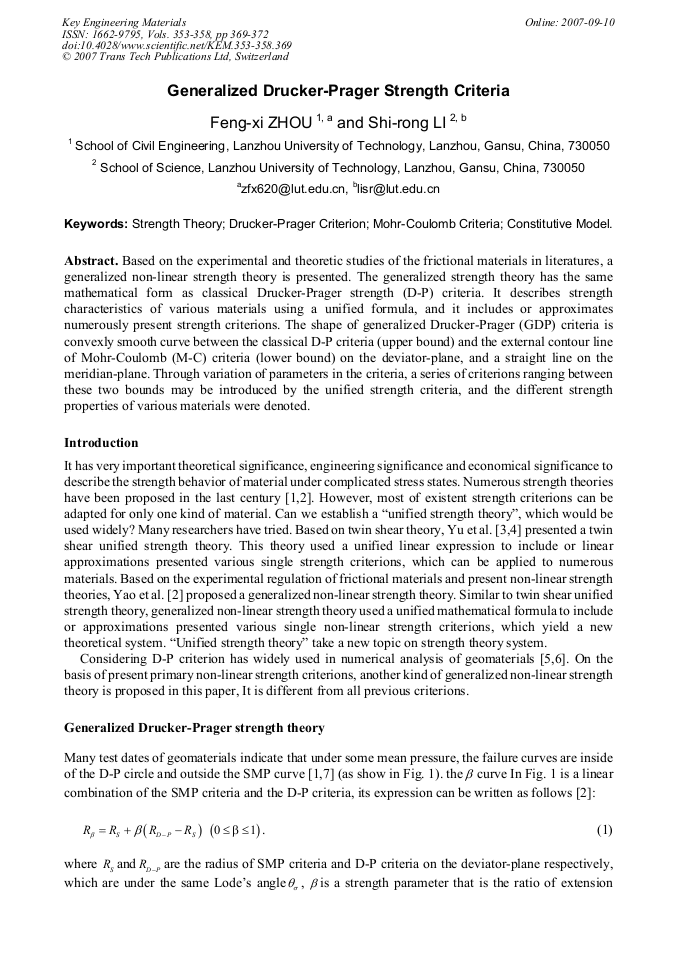 Generalized Drucker-Prager Strength Criteria | Scientific.Net