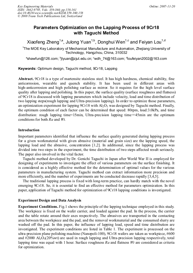 Parameters Optimization on the Lapping Process of 9Cr18 with Taguchi Method | Scientific.Net