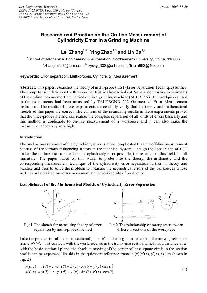 Research and Practice on the On-Line Measurement of Cylindricity Error in a Grinding Machine ...
