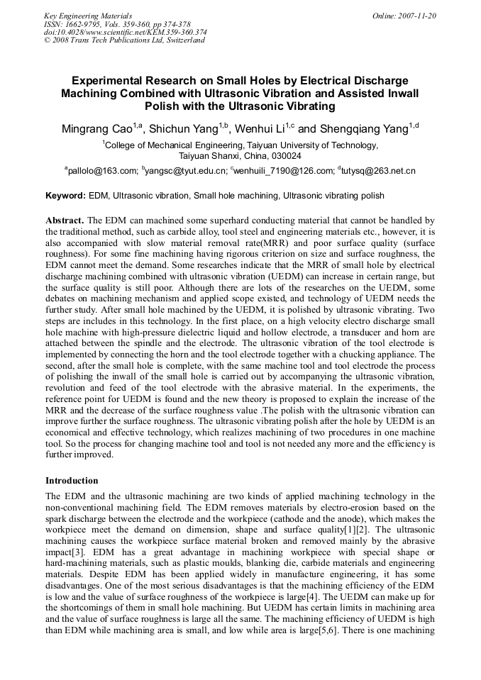 Experimental Research on Small Holes by Electrical Discharge Machining ...