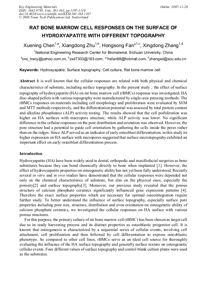 Rat Bone Marrow Cell Responses on the Surface of Hydroxyapatite with ...