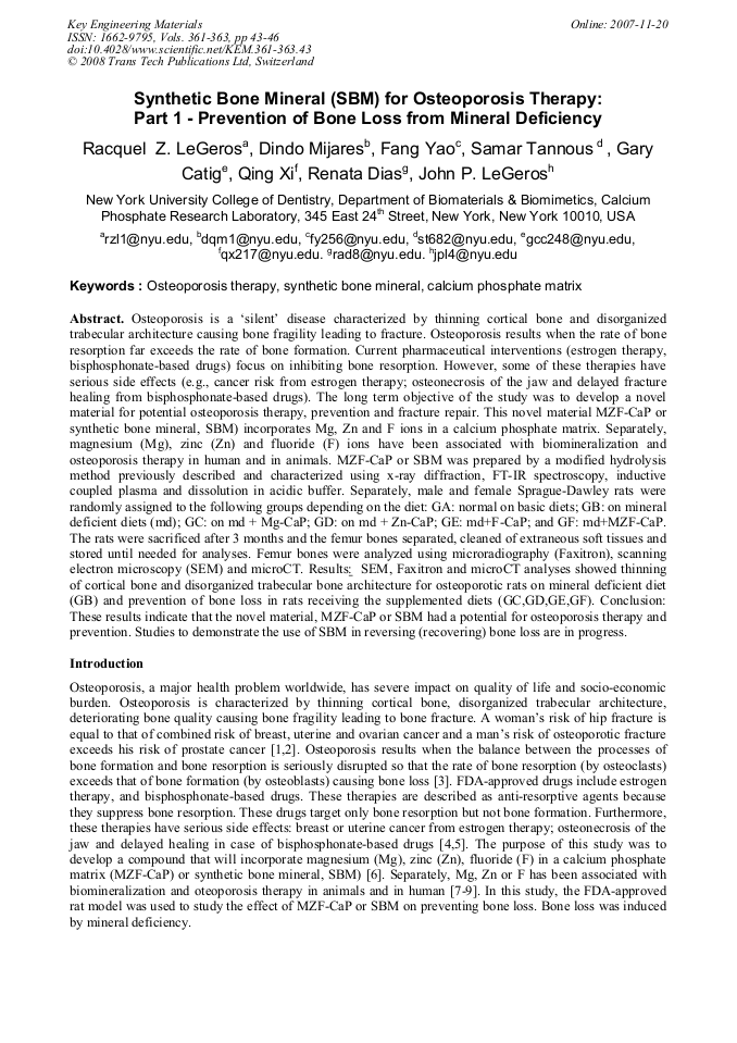 Synthesis Bone Mineral (SBM) for Osteoporosis Therapy: Part 1 ...