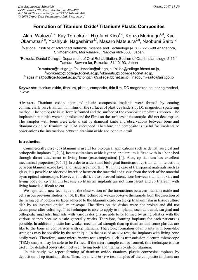 Formation of Titanium Oxide/Titanium/Plastic Composites | Scientific.Net