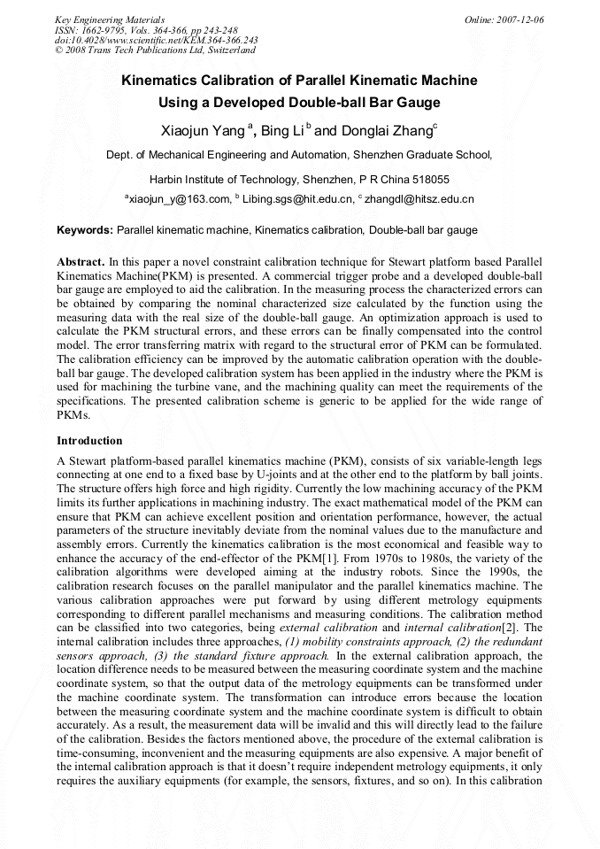 Kinematics Calibration of Parallel Kinematic Machine Using a Developed ...