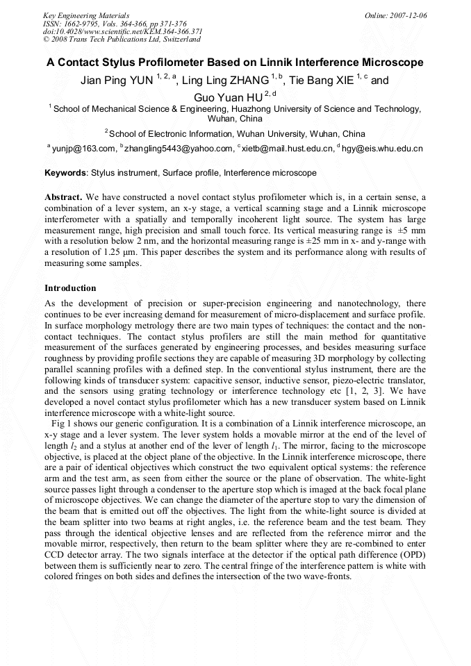 A Contact Stylus Profilometer Based on Linnik Interference Microscope ...