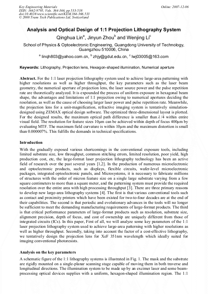Analysis and Optical Design of 1:1 Projection Lithography System ...