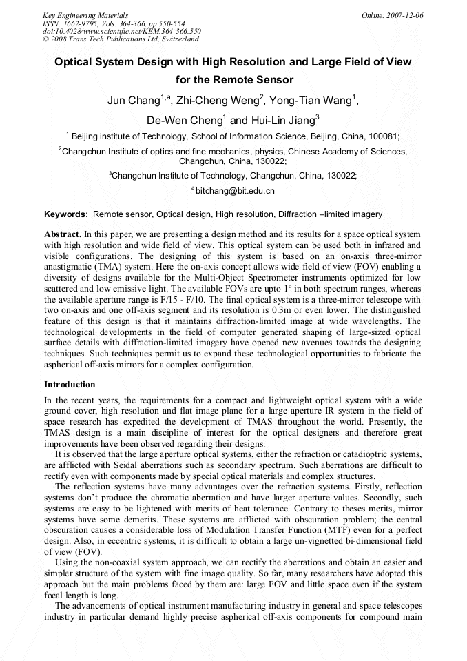 Optical System Design with High Resolution and Large Field of View for ...