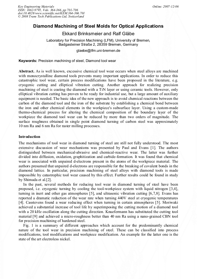 Diamond Machining of Steel Molds for Optical Applications | Scientific.Net