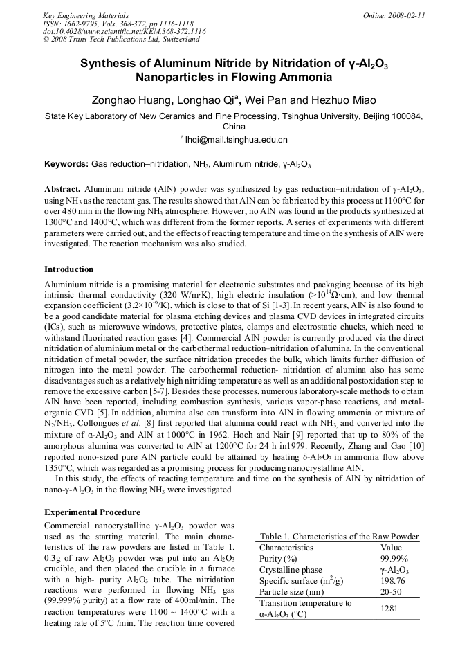 Synthesis of Aluminum Nitride by Nitridation of γ-Al2O3 Nanoparticles ...