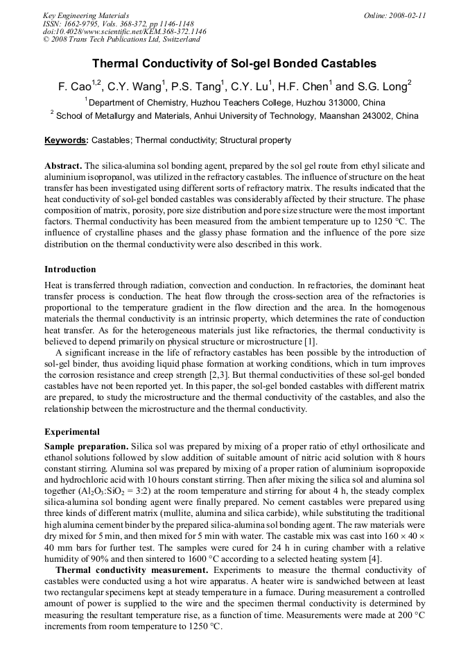 Thermal Conductivity of Sol-Gel Bonded Castables | Scientific.Net