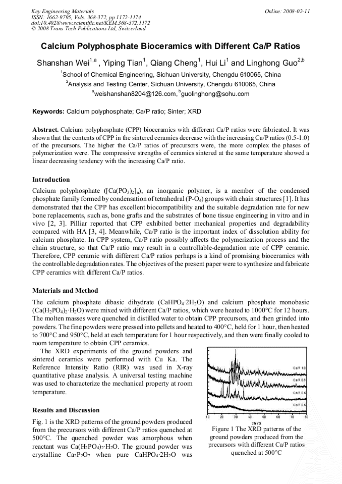 Calcium Polyphosphate Bioceramics with Different Ca/P Ratios ...