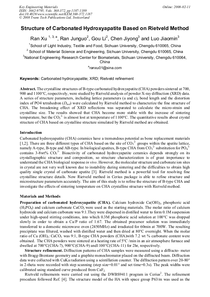 Structure of Carbonated Hydroxyapatite Based on Rietveld Method ...