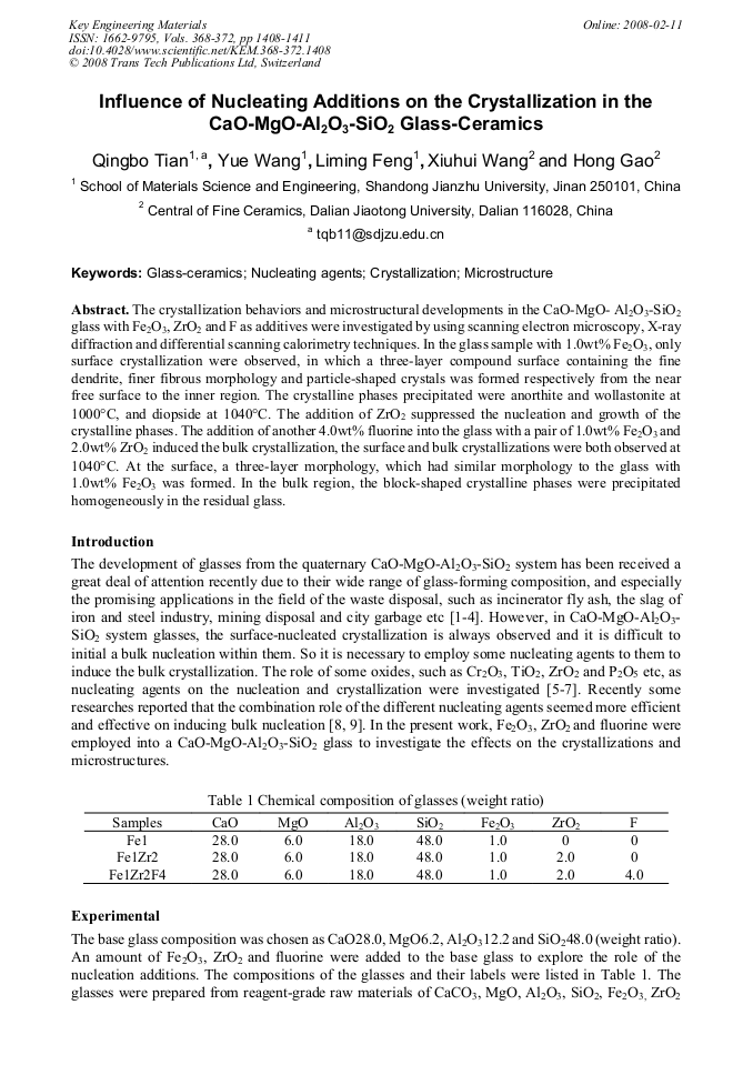 Influence of Nucleating Additions on the Crystallization in the CaO-MgO ...