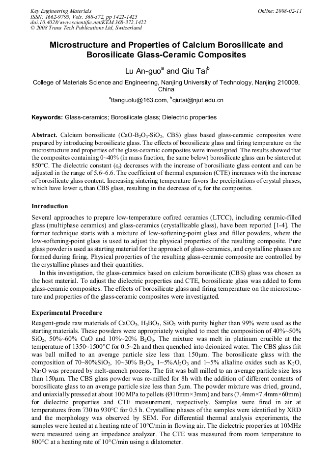 Microstructure and Properties of Calcium Borosilicate and Borosilicate ...