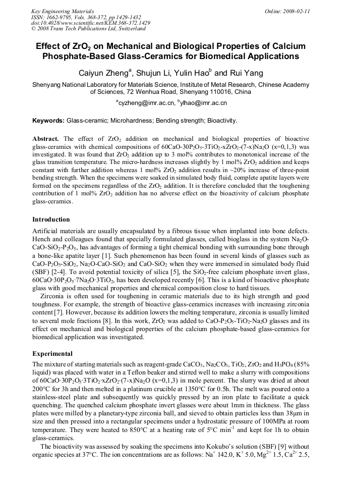 Effect of ZrO2 on Mechanical and Biological Properties of Calcium ...