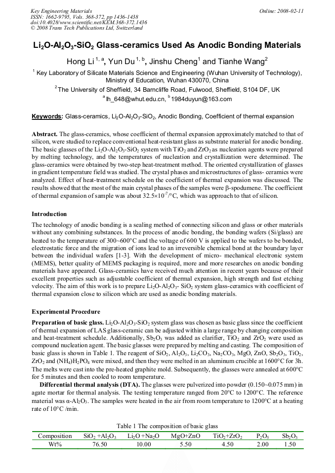 Li2O-Al2O3-SiO2 Glass-Ceramics Used As Anodic Bonding Materials ...