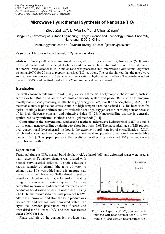 Microwave Hydrothermal Synthesis of Nanosize TiO2 | Scientific.Net