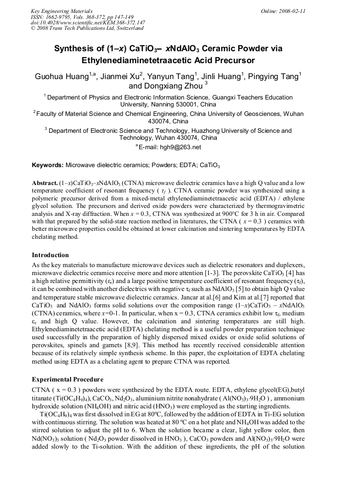 Synthesis of (1–x) CaTiO3–xNdAlO3 Ceramic Powder via ...