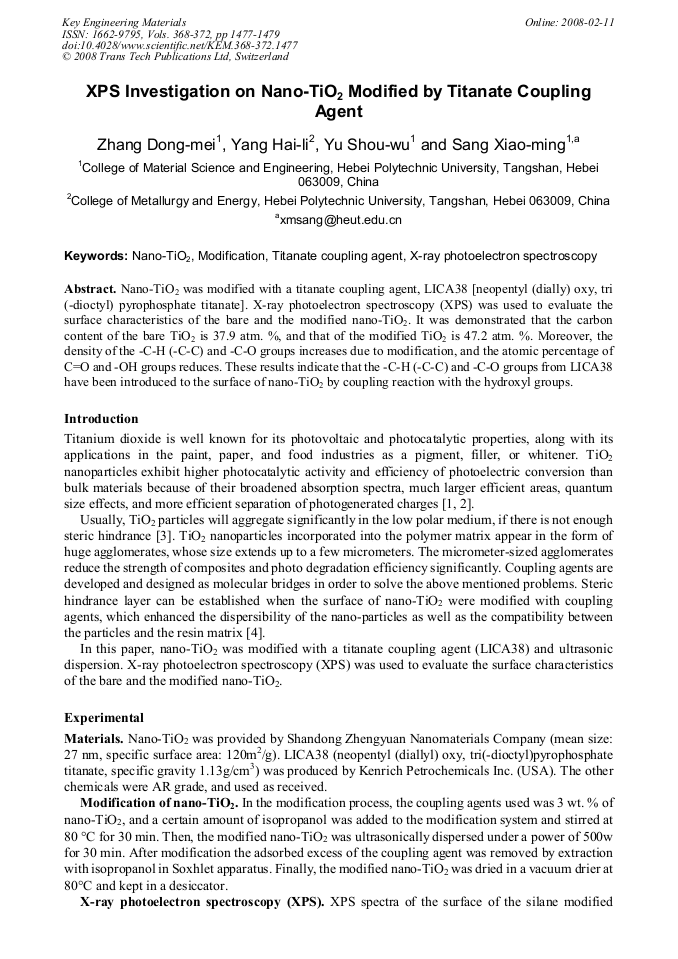 XPS Investigation on Nano-TiO2 Modified by Titanate Coupling Agent ...