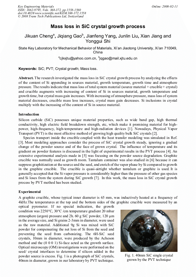 Mass Loss in SiC Crystal Growth Process | Scientific.Net