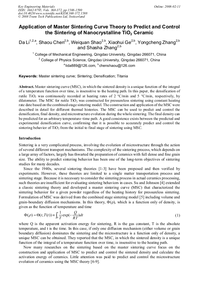 Application of Master Sintering Curve Theory to Predict and Control the ...
